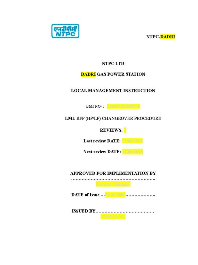 BFP Changeover Procedure | PDF | Energy Conversion | Energy Technology