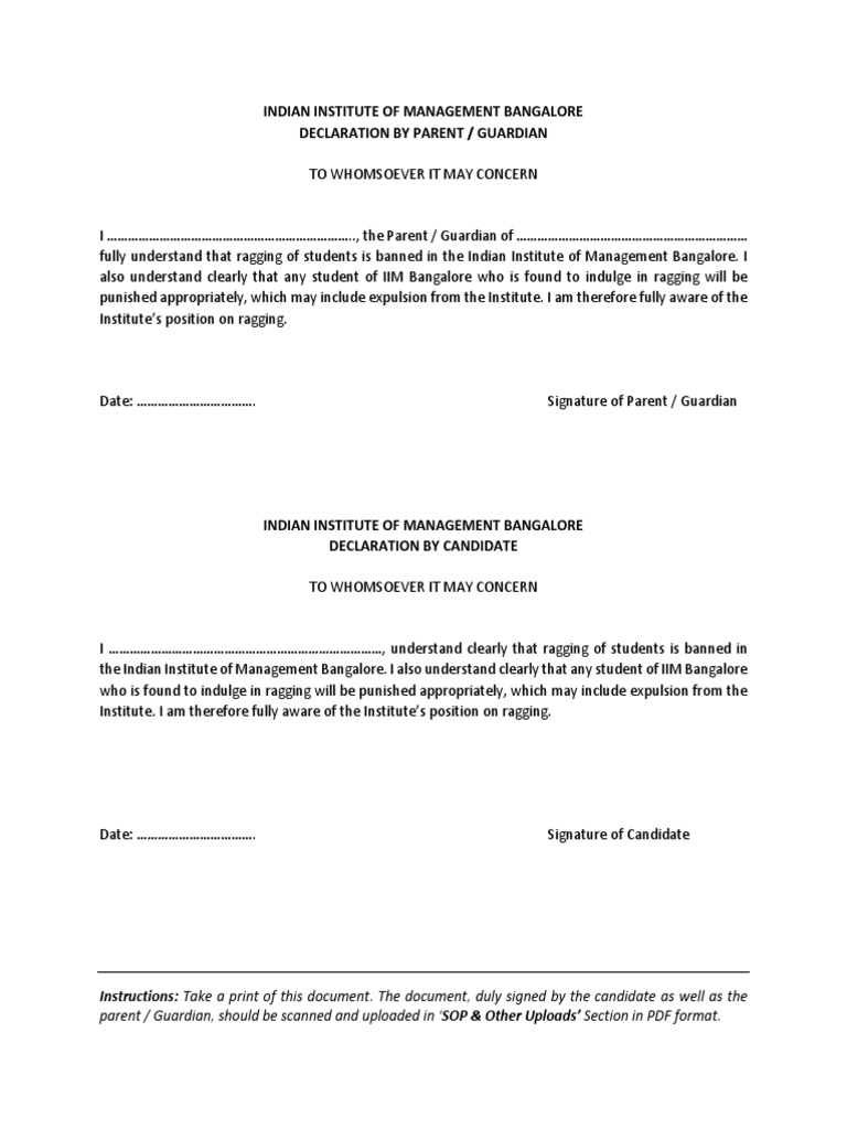Indian Institute of Management Bangalore Declaration by Parent ...