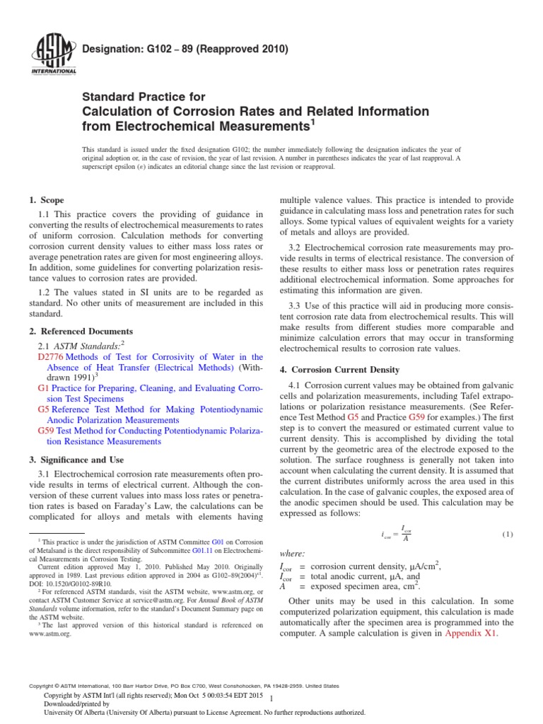 ASTM-G102 Calculation of Corrosion Rates and Related Information | PDF ...