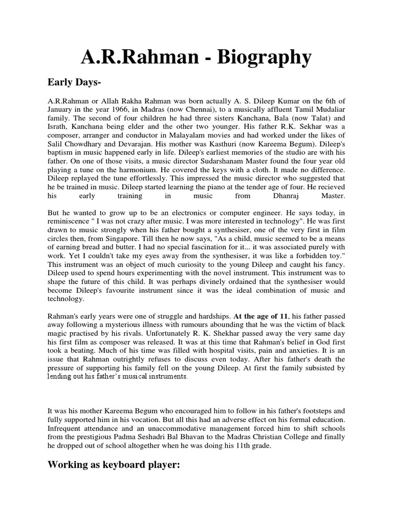 A.R.Rahman - Biography: Early Days | PDF | Bollywood | Entertainment ...
