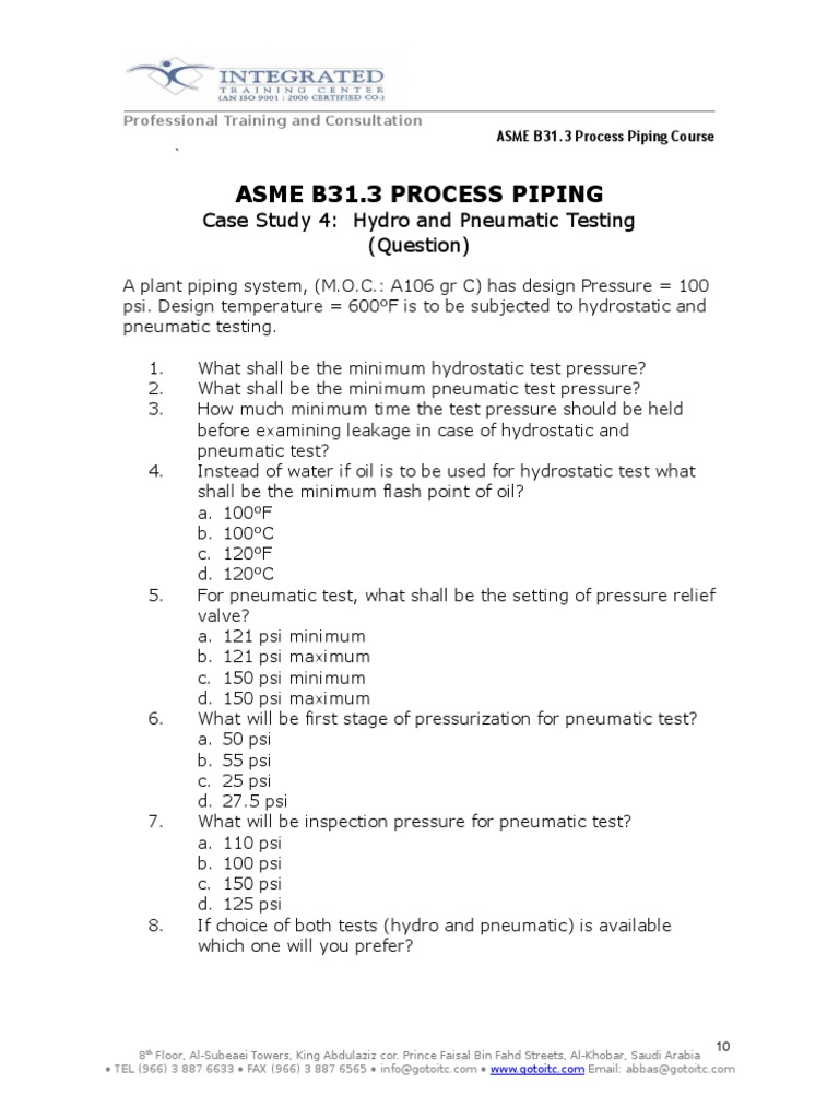 ASME B31.3 Hydro & Pneumatic Testing | PDF | Gas Technologies ...