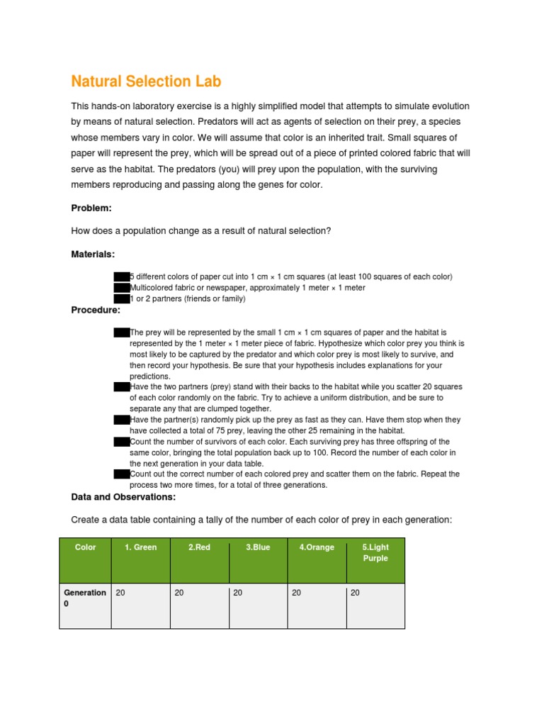 Natural Selection Lab | PDF | Predation | Natural Selection