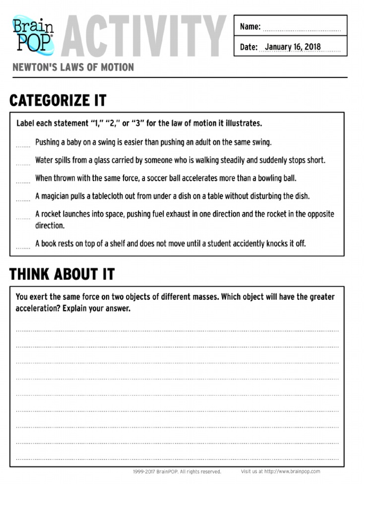 Newtons Laws of Motion Activity Pages - Brainpop | PDF
