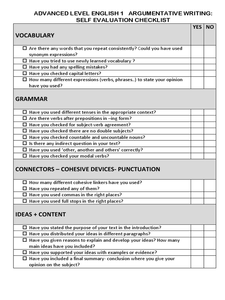 Self Evaluation Writing Checklist | PDF