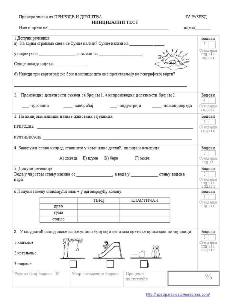 IV Inicijalni Test Priroda I Drustvo | PDF