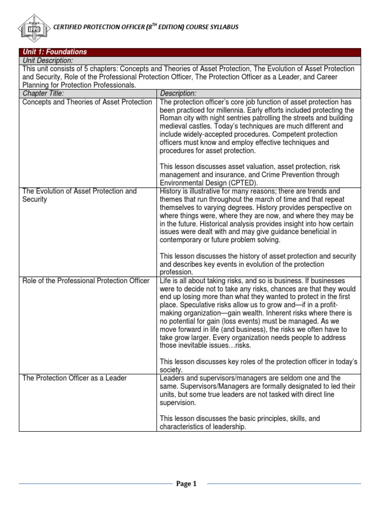 Certified Protection Officer Course Syllabus | PDF | Physical Security ...