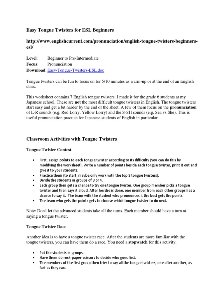 Easy Tongue Twisters For Esl Beginners | PDF
