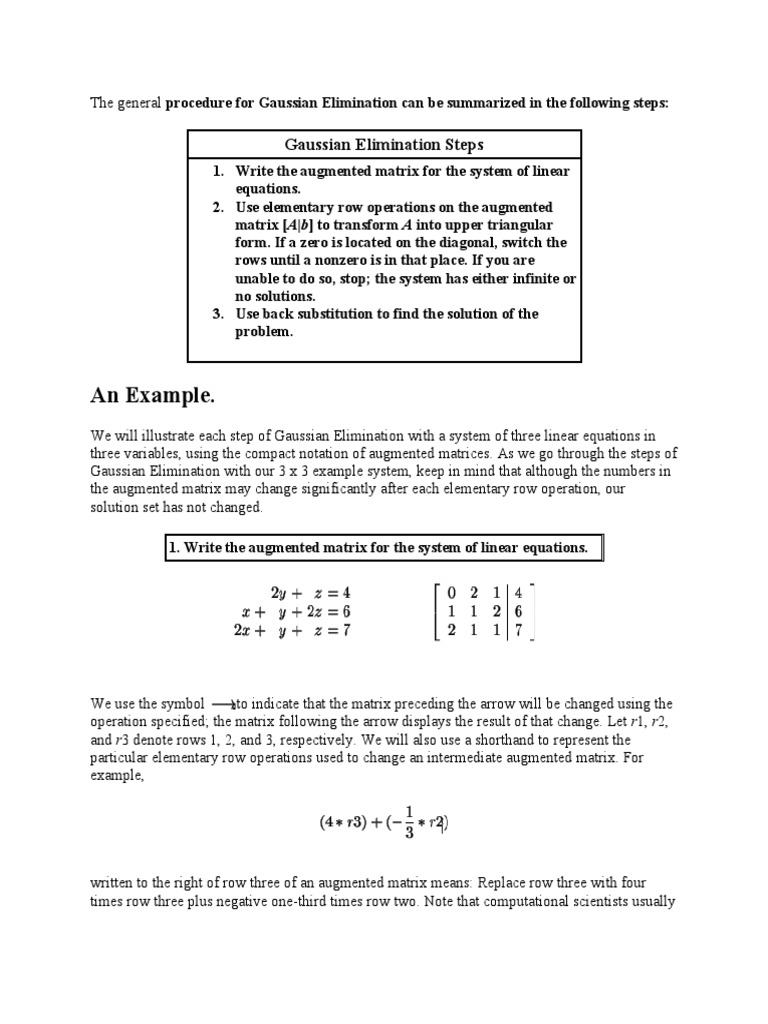 The General Procedure For Gaussian Elimination Can Be Summarized in The ...