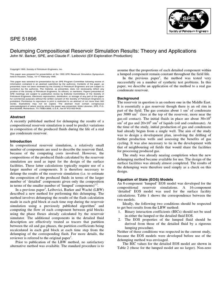 SPE-51896-MS - Delumping Compositional Reservoir Simulation Results ...