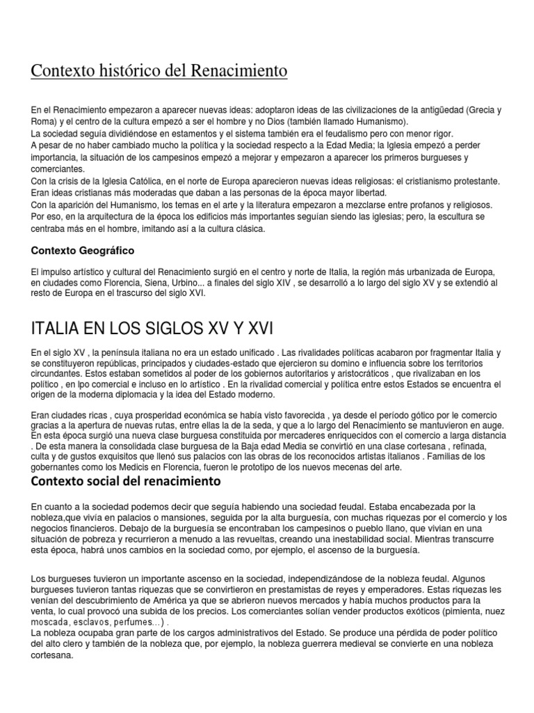 Contexto Histórico Del Renacimiento | PDF | Renacimiento | Burguesía