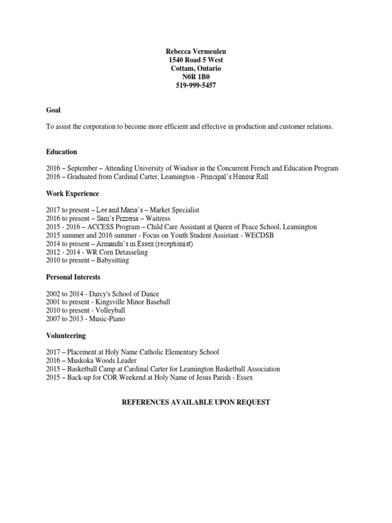 Rebecca Vermeulen 1540 Road 5 West Cottam, Ontario N0R 1B0 519-999-5457 ...