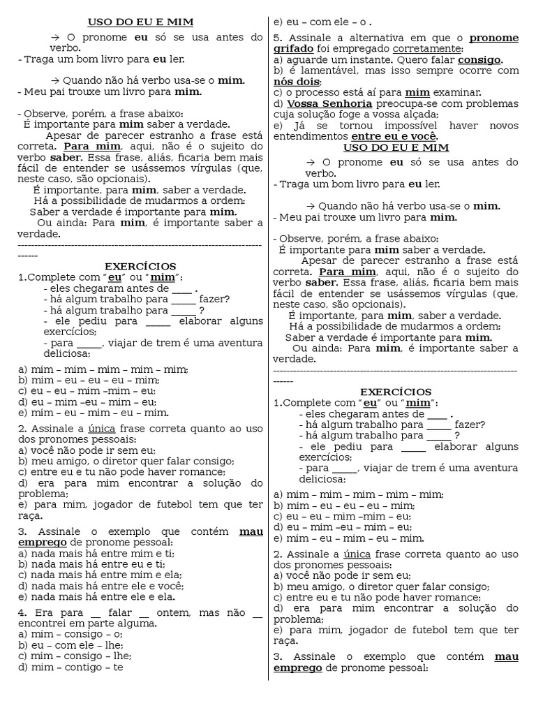 Uso Correto de Eu e Mim | PDF | Pronome | Assunto (gramática)