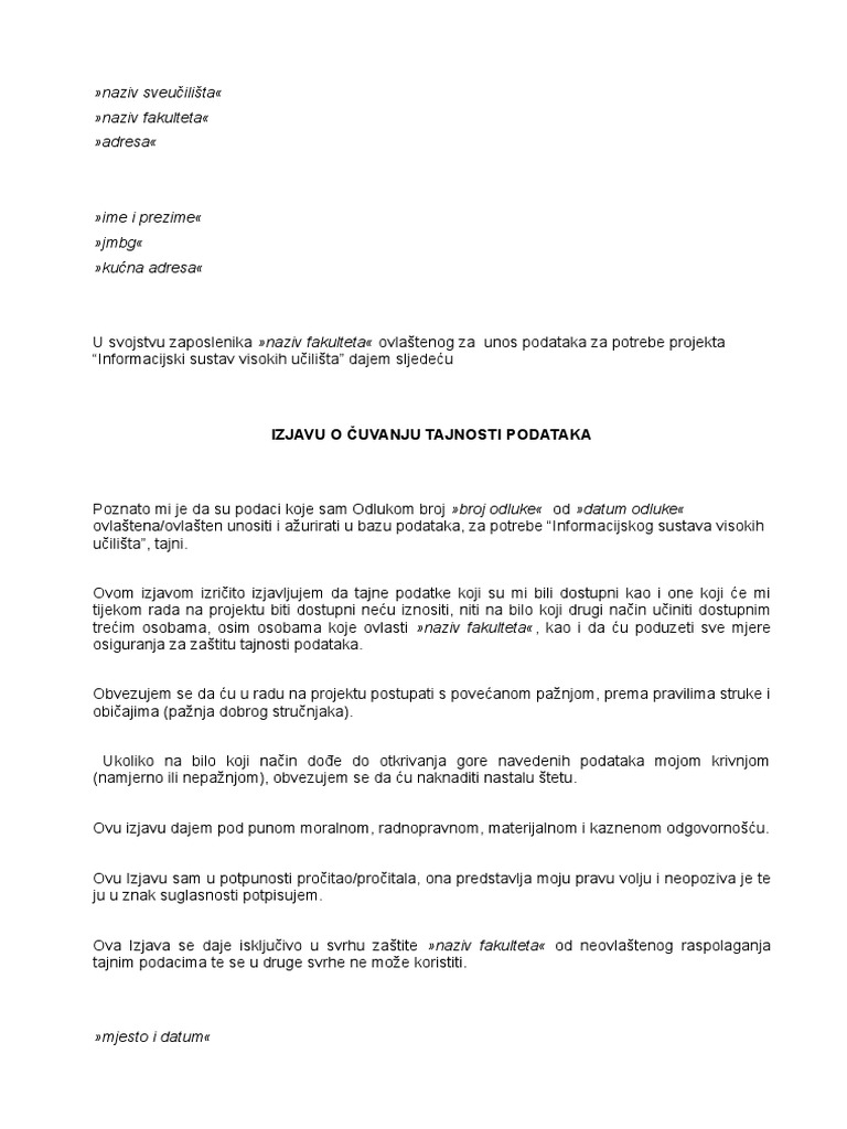 Izjava o Cuvanju Tajnosti Podataka | PDF