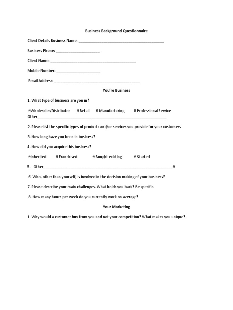 Business Background Questionnaire | PDF | Sales | Business