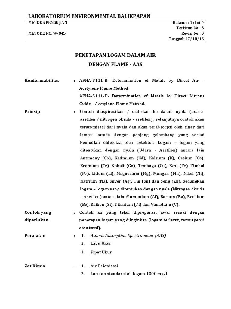W-045 Penetapan Logam Dalam Air Dengan Flame-Aas (Apha-3111-B-d) | PDF