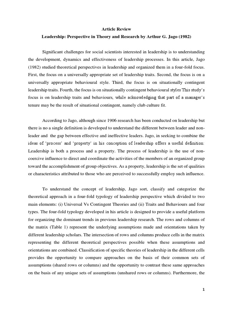 Article Review Leadership: Perspective in Theory and Research by Arthur ...