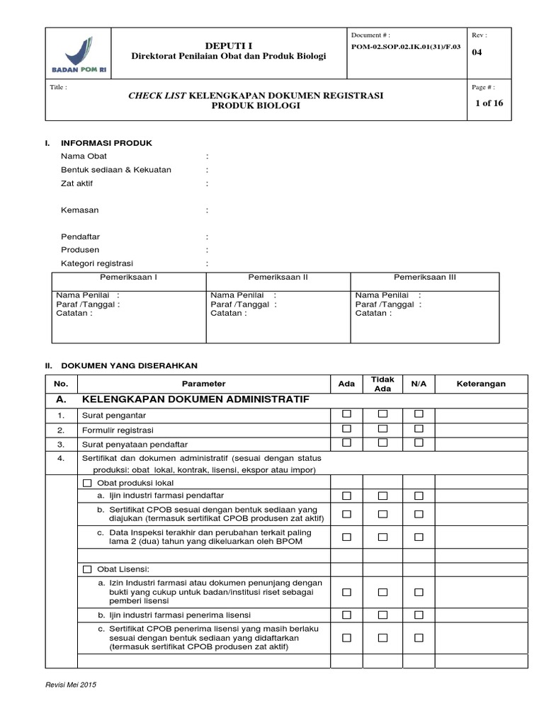 Checklist Reg Produk Biologi | PDF