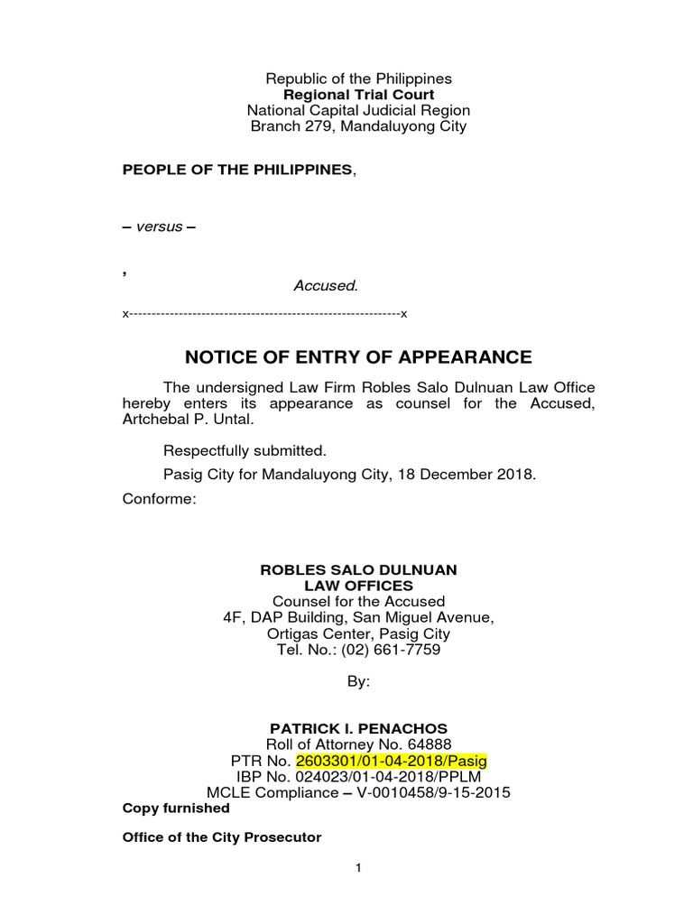 Notice of Entry of Appearance in Court | PDF