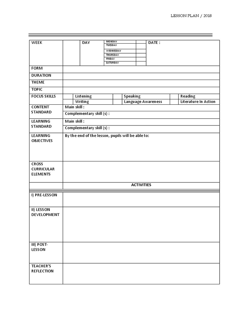 Lesson Plan / 2018: Monday Tuesday Wednesday Thursday Friday Saturday | PDF