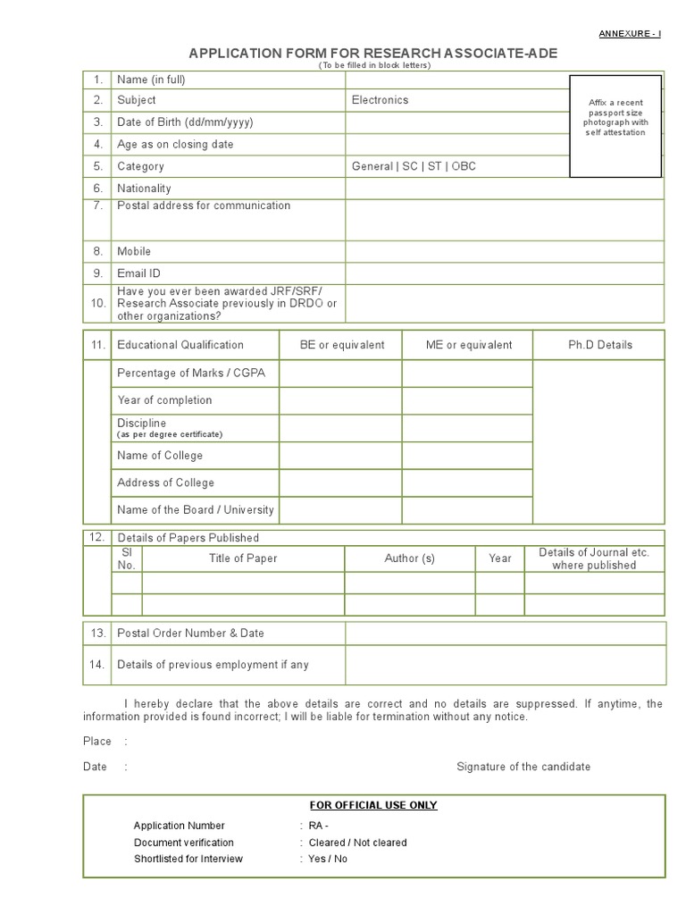 Application Form For Research Associate-Ade: (To Be Filled in Block ...