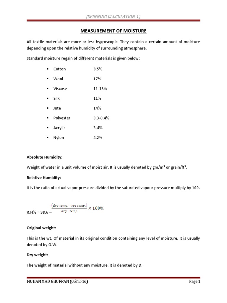Spinning Calculations | PDF | Coefficient Of Variation | Relative Humidity