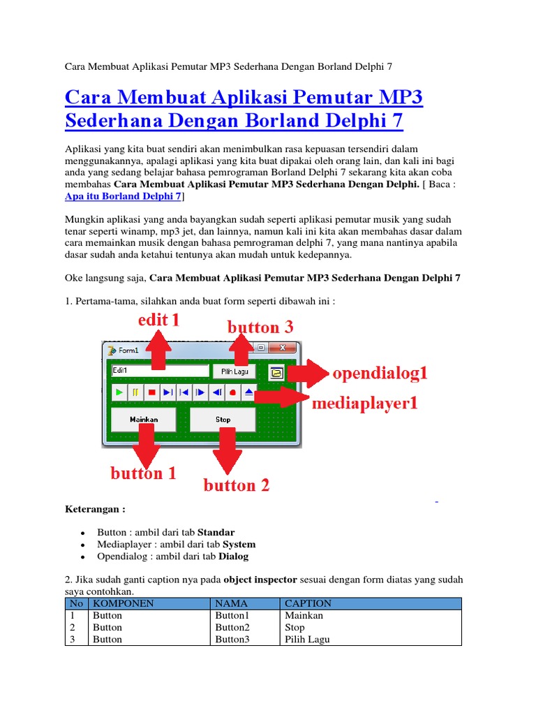 Cara Membuat Aplikasi Pemutar MP3 Sederhana Dengan Borland Delphi 7 | PDF