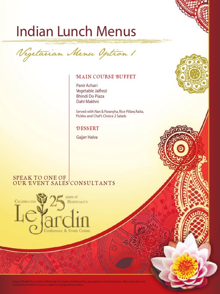 Indian Lunch Menus: Vegetarian Menu Option 1 | PDF | Menu | Buffet