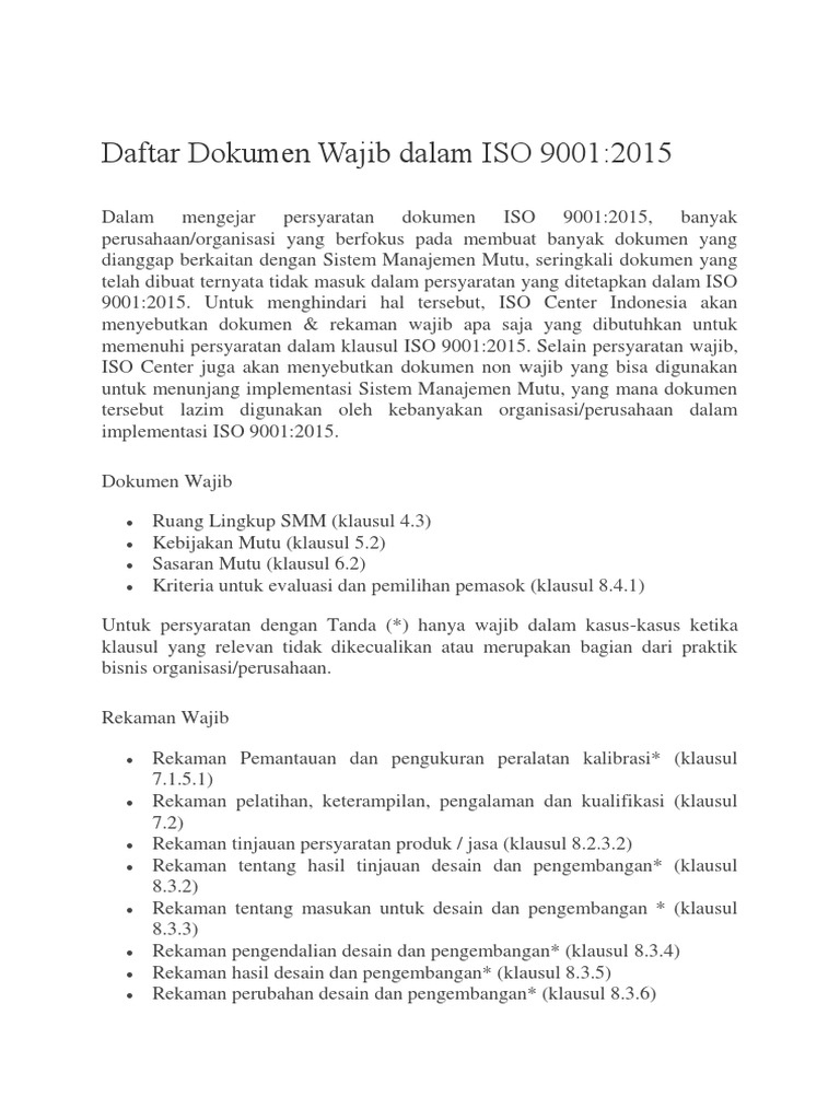 Daftar Dokumen Wajib Dalam ISO 9001-2015 | PDF
