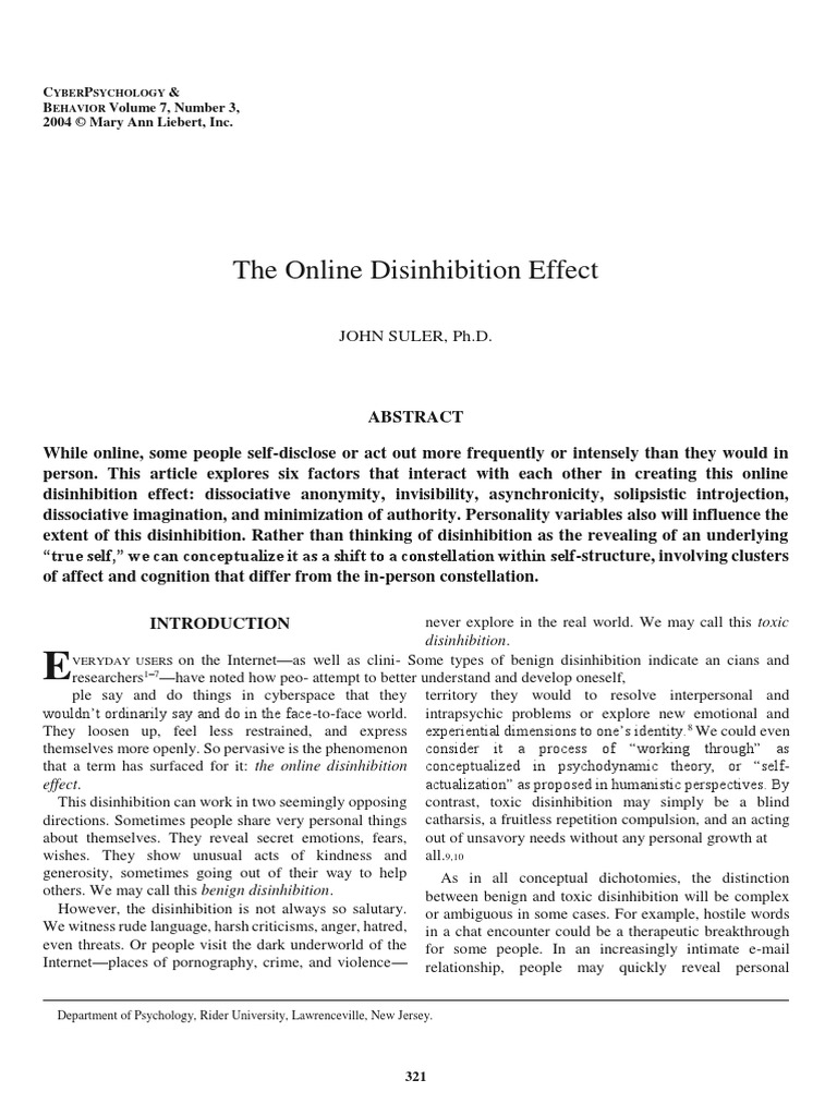Suler - The Online Disinhibition Effect.pdf | Imagination | Psychoanalysis