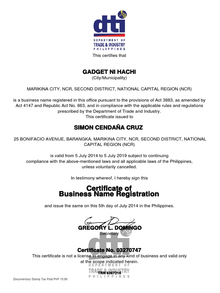 Business Name Registration Certificate | PDF | Law
