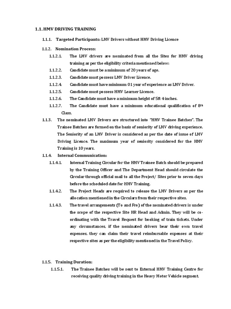 1.1. HMV Driving Training Ta: Rgeted Participants: LMV Drivers Without ...