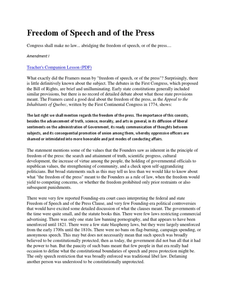 Freedom of Speech and of The Press | PDF | First Amendment To The ...