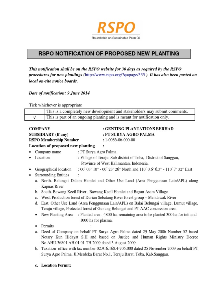 RSPO NPP Notification - PT Surya Agro Palma | PDF | Environmental ...