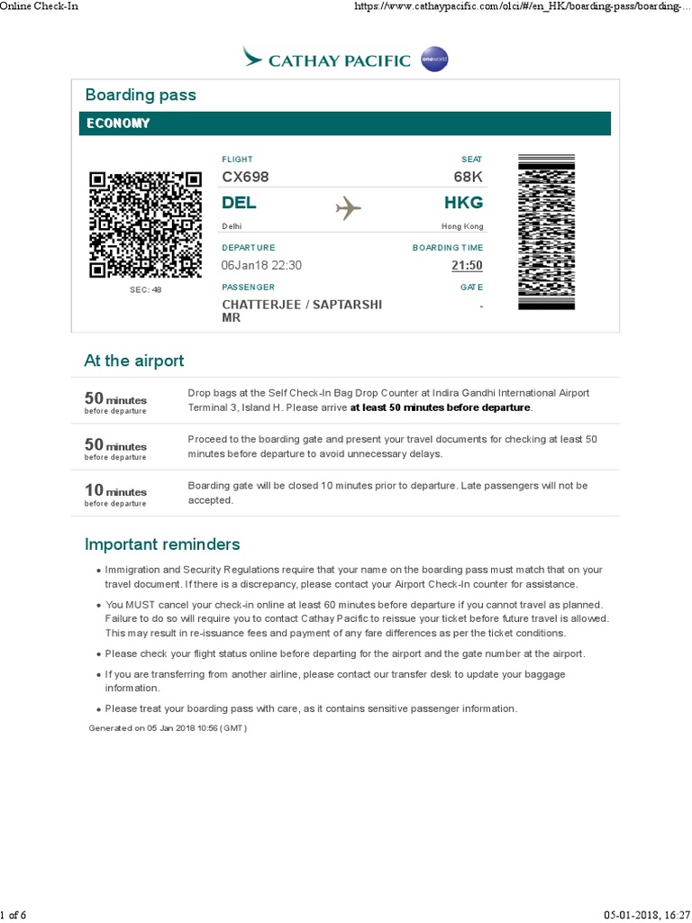 Cathey Pacific Boarding Pass Delhi To Hongkong | PDF | Airport | Aviation