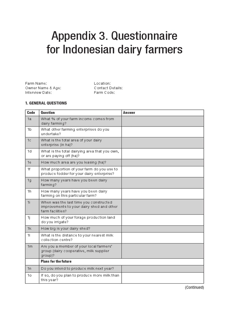 Appendix 3. Questionnaire For Indonesian Dairy Farmers: 1. General ...