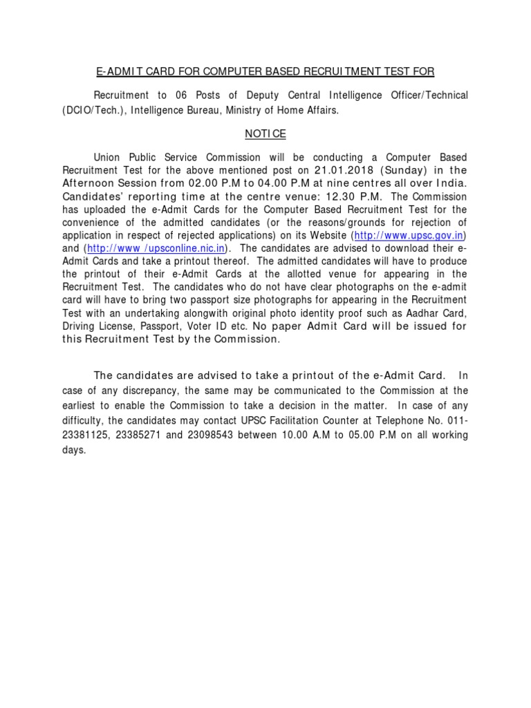UPSC DCIO/Tech. E-Admit Card Notice | PDF