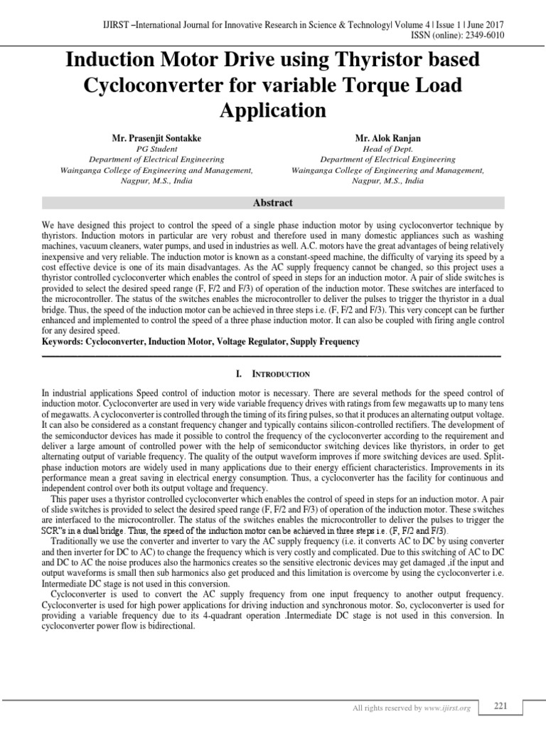 Induction Motor Drive Using Thyristor Based Cycloconverter For Variable Torque Load Application