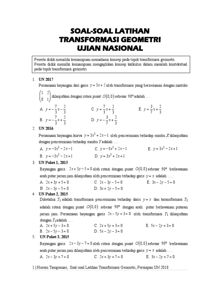Soal Soal Transformasi Geometri 2018 | PDF