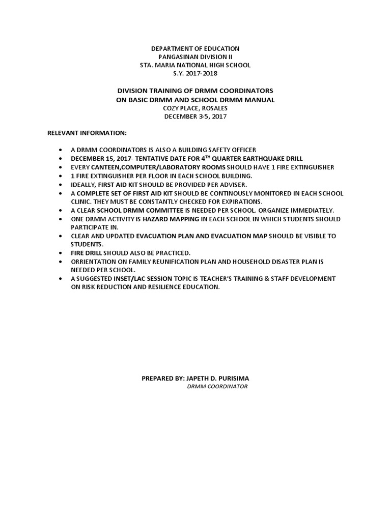 Division Training of DRMM Coordinators On Basic DRMM and School DRMM ...