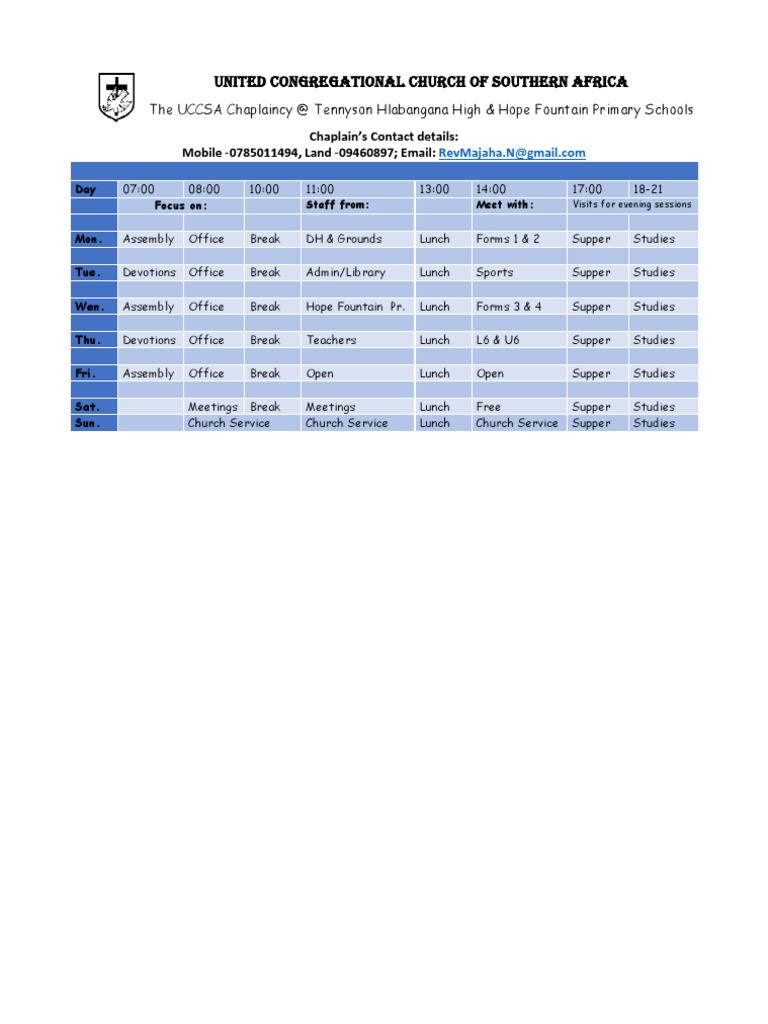 UCCSA Chaplaincy Weekly Schedule | PDF | Religion & Spirituality