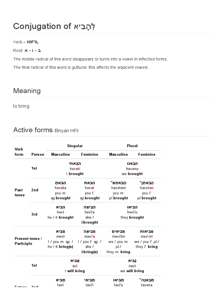 Hebrew Conjugation of "To Bring" | PDF | Morphology | Grammar