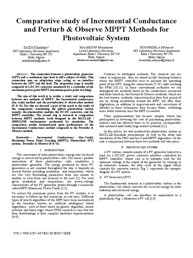 Comparative Study of Incremental Conductance and Perturb & Observe MPPT Methods For Photovoltaic ...