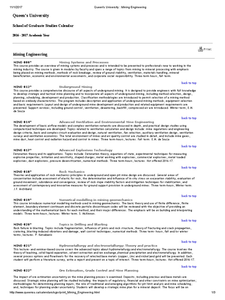 Queen's University - Mining Engineering - List | PDF | Mining | Engineering