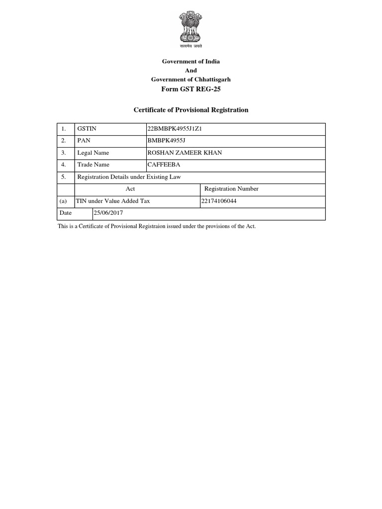Form GST REG-25: Government of India and Government of Chhattisgarh | PDF