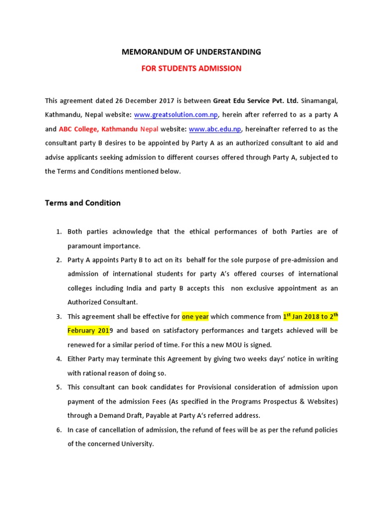 MOU Template of Contract Between Two Companies | PDF | Private Law ...