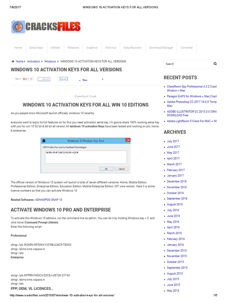Windows 10 Activation Keys For All Versions | PDF | Windows 10 ...