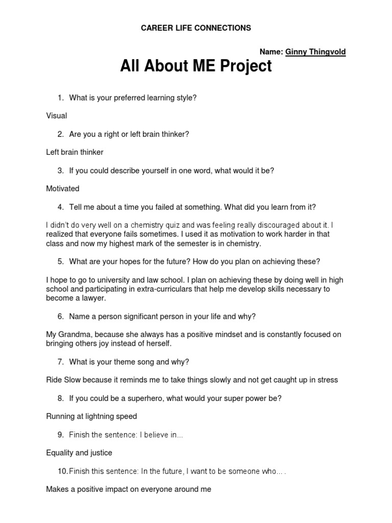All About Me Project | PDF | Self-Improvement
