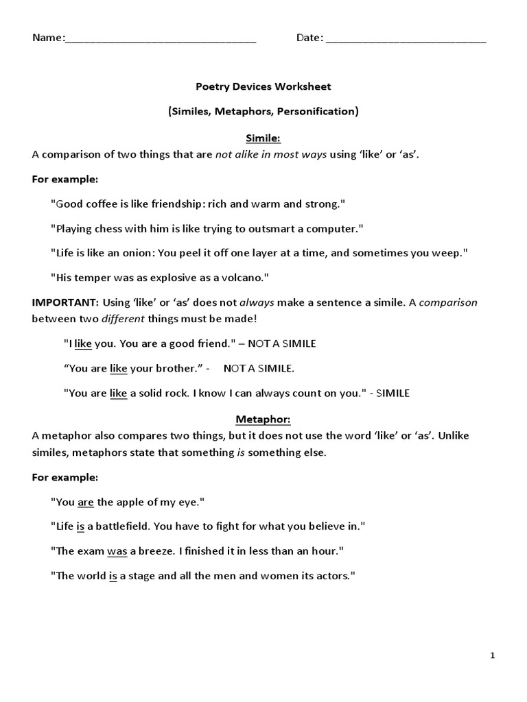Poetry Devices Worksheet | PDF | Anthropomorphism | Metaphor