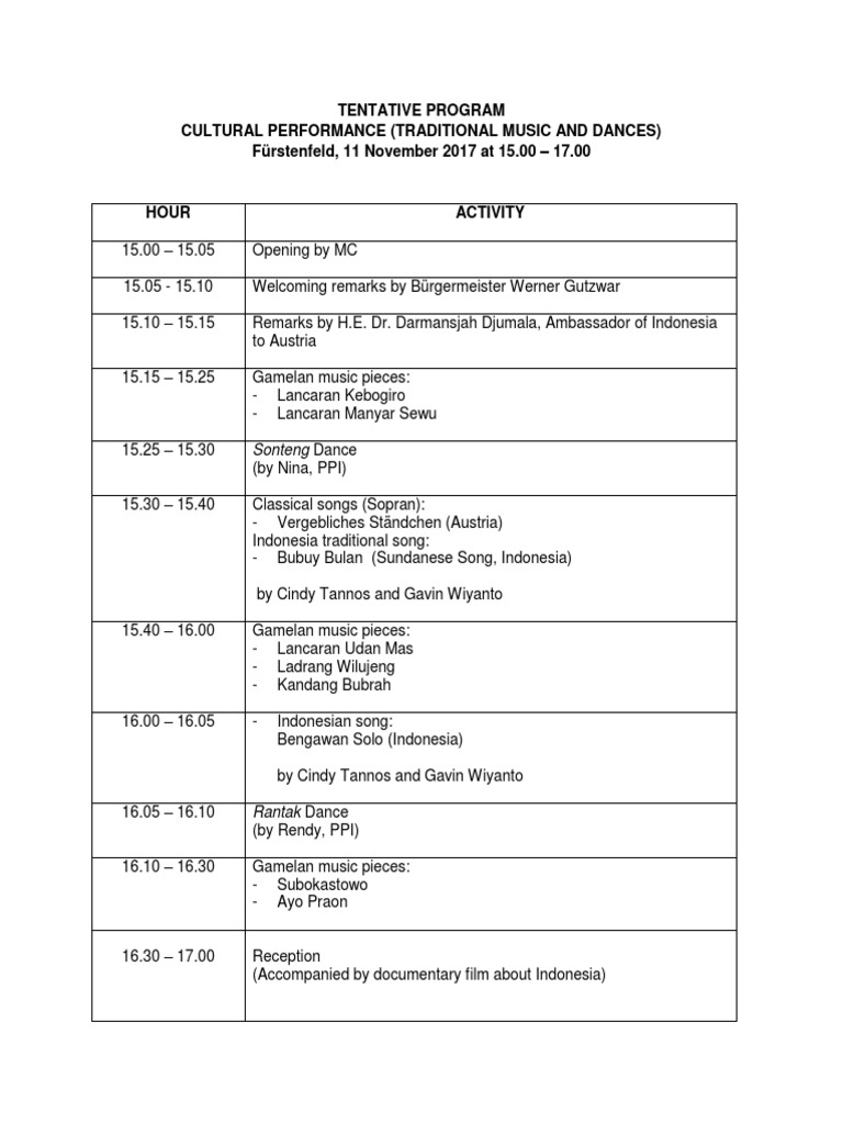 Tentative Program Cultural Performance (Traditional Music and Dances ...