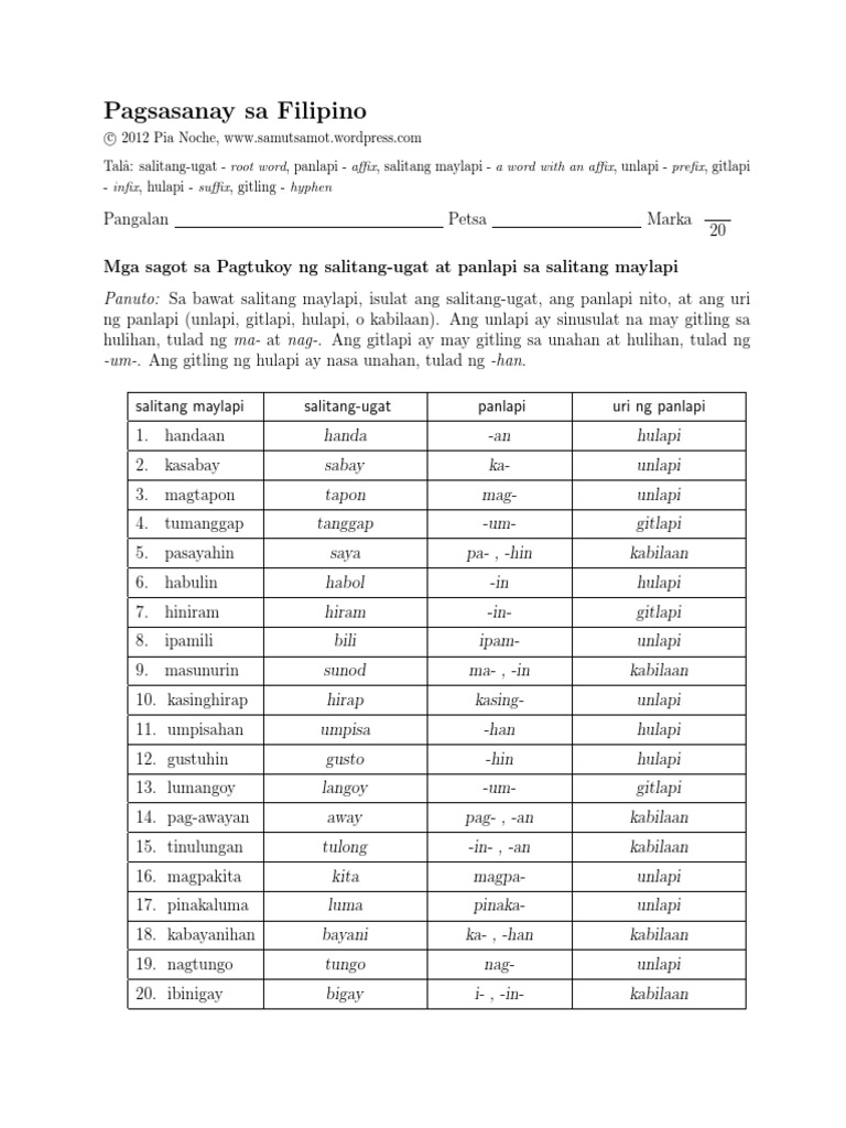 Mga Sagot Sa Salitang Maylapi 1 | PDF